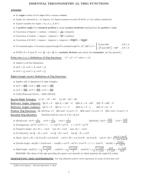 ESSENTIAL TRIGONOMETRY (I): TRIG FUNCTIONS - MyWeb