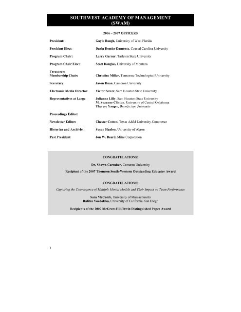 SOUTHWEST ACADEMY OF MANAGEMENT (SWAM)