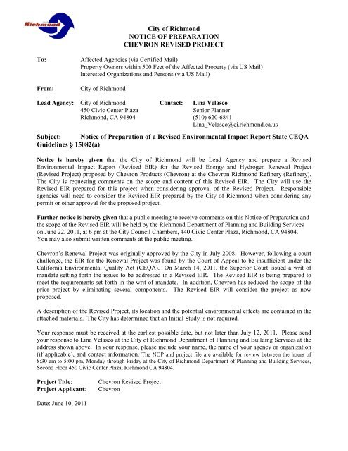 Notice of Preparation - Chevron Refinery Revised Renewal Project