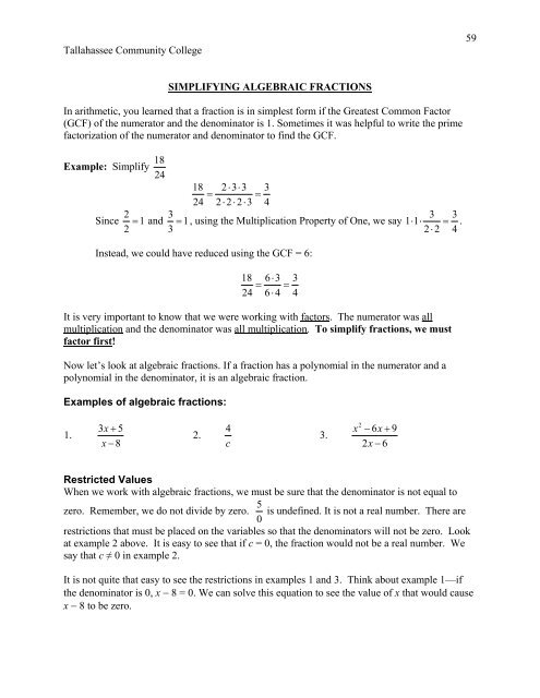 Simplifying Algebraic Fractions - Tallahassee Community College