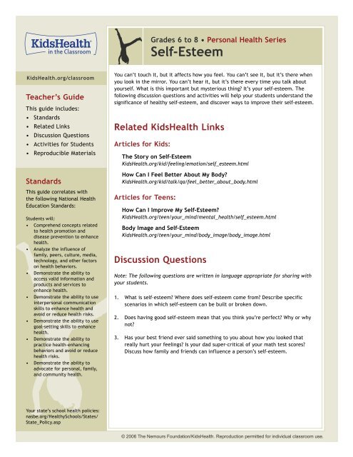 Self-Esteem (Grades 6 to 8) - KidsHealth in the Classroom