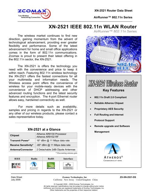 XN-2521 IEEE 802.11n WLAN Router - Zcomax