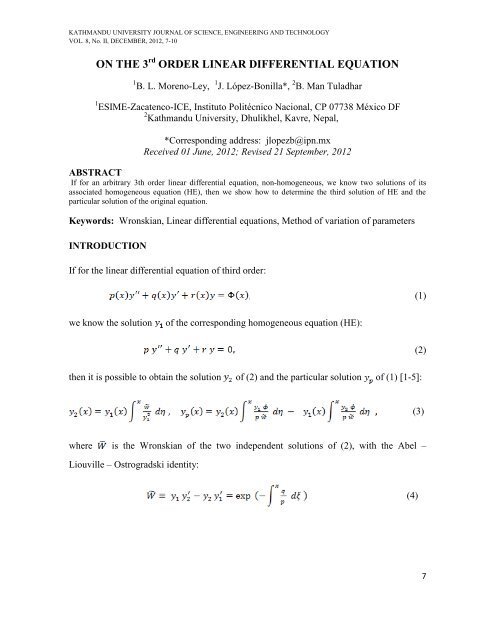 on the 3 order linear differential equation - Kathmandu University
