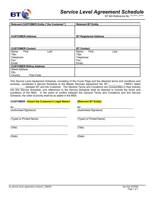 Service Level Agreement Schedule - BT.com