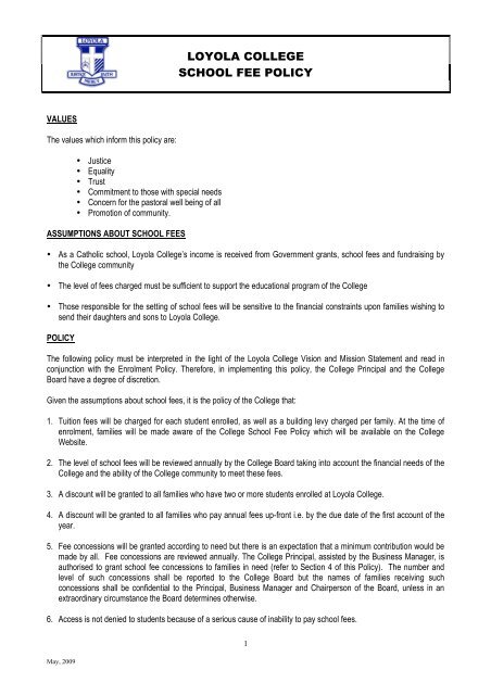 LOYOLA COLLEGE SCHOOL FEE POLICY