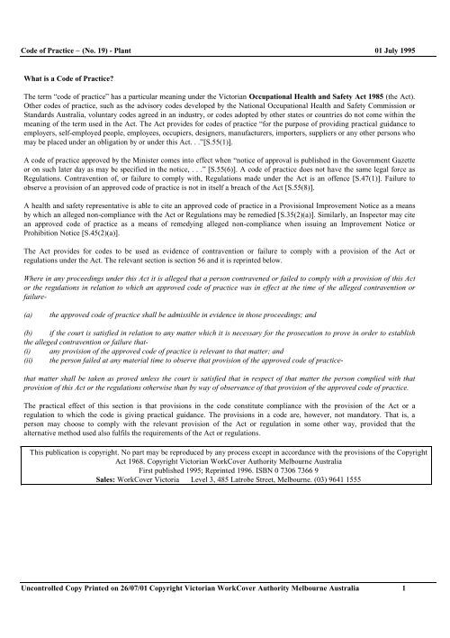 Code of Practice â (No. 19) - Plant 01 July 1995 ... - WorkSafe Victoria