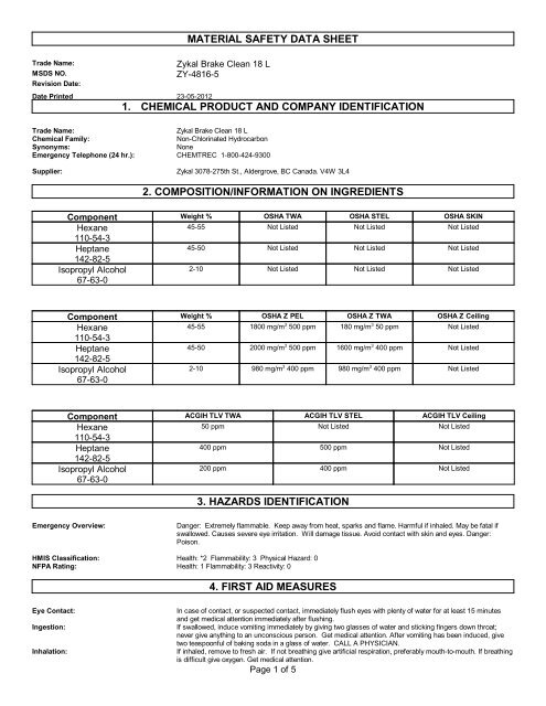 MSDS Zykal Brake Clean 18L - CBS Parts Ltd.