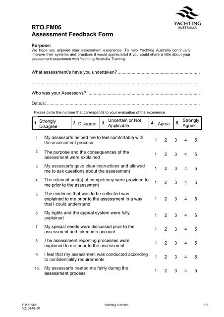 RTO.FM06 Assessment Feedback Form - Yachting Australia