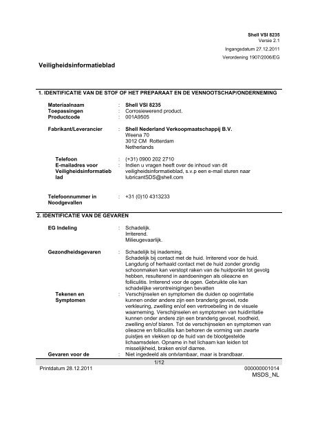 veiligheidsblad - Vlamings Olie, Steenbergen