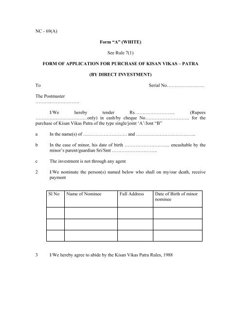 Form of Application for purchase of Kisan Vikas - Patra - India Post