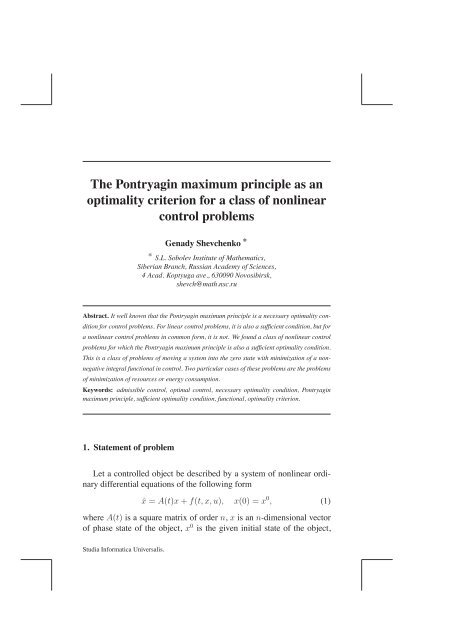 The Pontryagin maximum principle as an optimality criterion for a ...