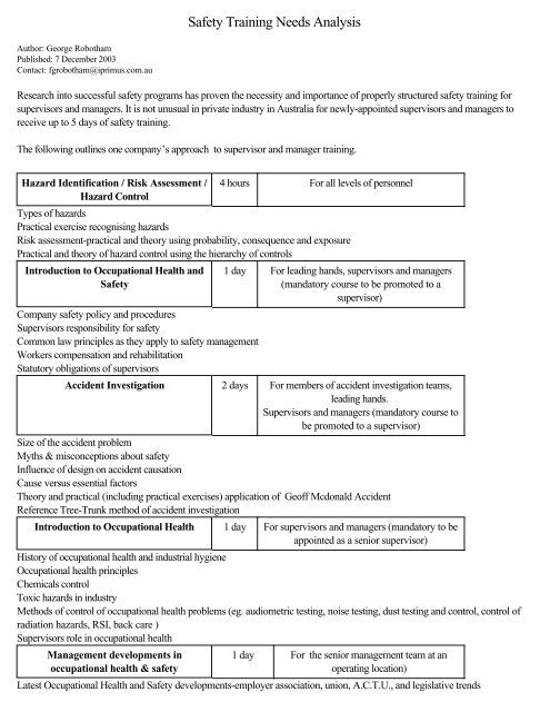 Safety Training Needs Analysis - George Robotham Safety