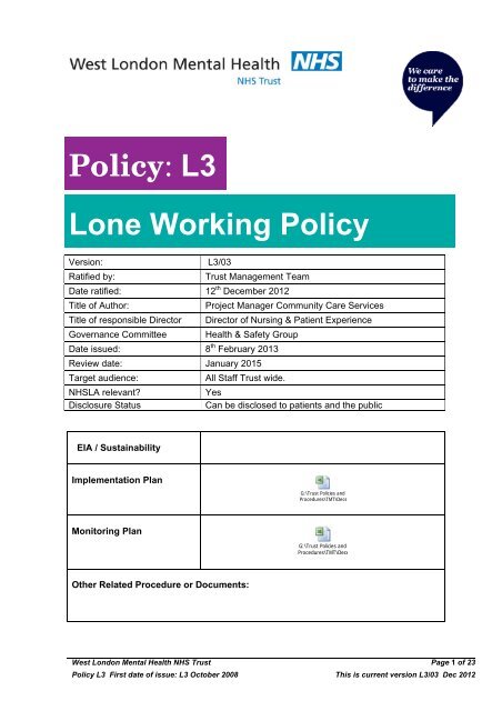 L3 Lone Working Policy - West London Mental Health NHS Trust