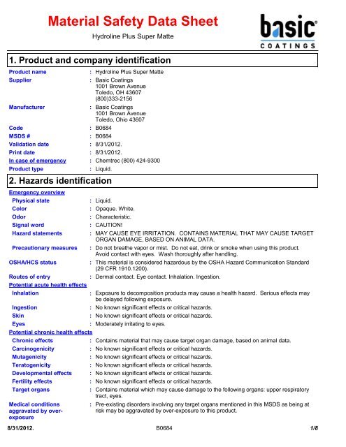 B0684 Hydroline Plus Super Matte MSDS English - Basic Coatings
