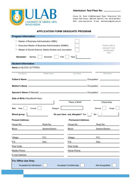 Graduate Application Form - ULAB