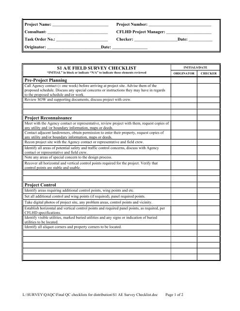S1 A/E FIELD SURVEY CHECKLIST Pre-Project Planning Project ...