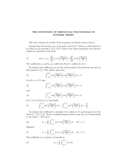 The Expansion Of Bernoulli Polynomials In Fourier