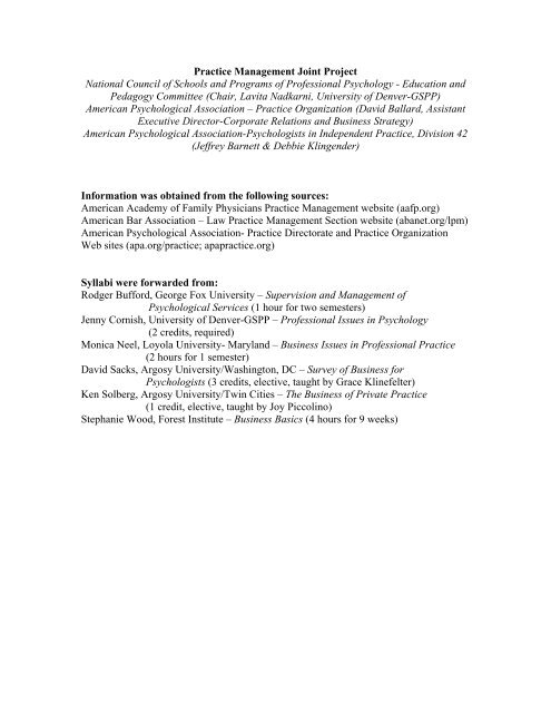 Practice Management Syllabus - APA Practice Organization