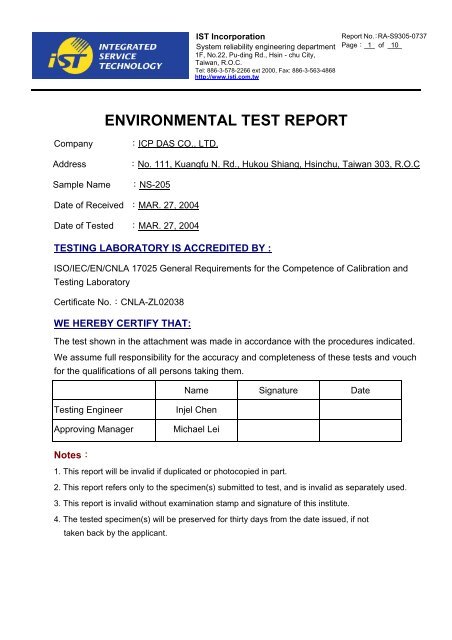 ENVIRONMENTAL TEST REPORT - ICP DAS