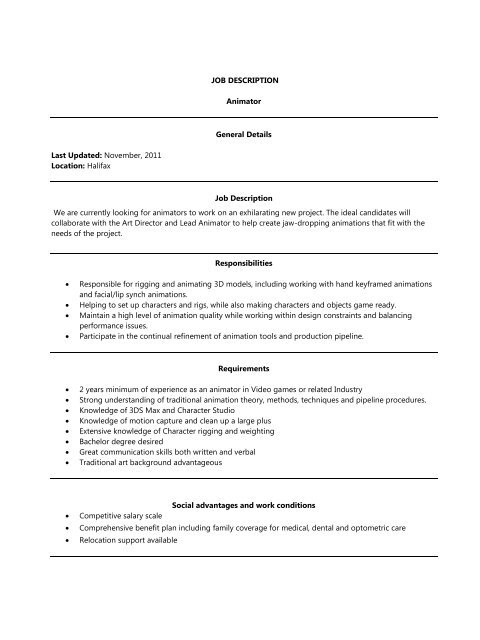 JOB DESCRIPTION Animator General Details ... - Longtail Studios