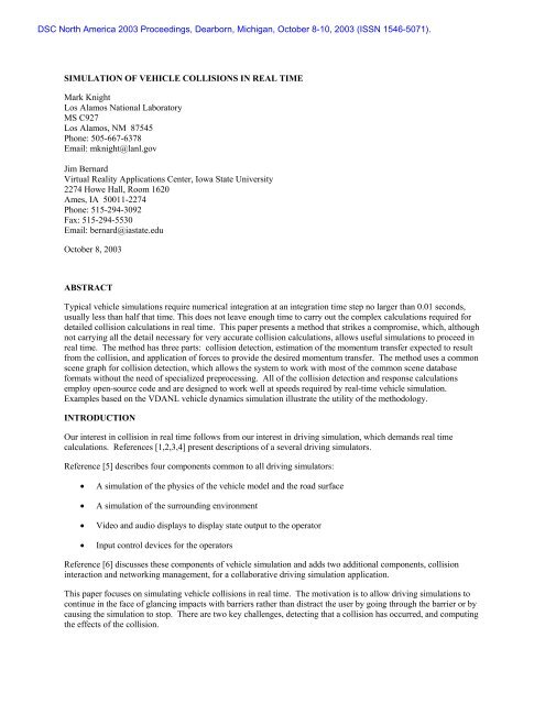 Simulation of Vehicle Collisions in Real Time - The National ...