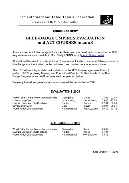 BLUE-BADGE UMPIRES EVALUATION and AUT COURSES ... - ITTF