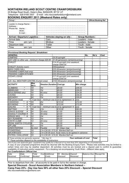 Crawfordsburn Scout Centre Booking Form - greenseas.org.uk
