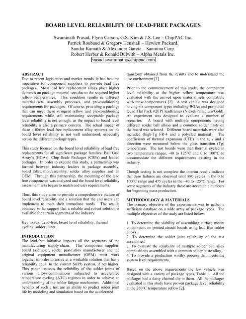 BOARD LEVEL RELIABILITY OF LEAD-FREE PACKAGES