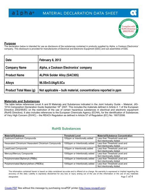RoHS Document Alpha Vaculoy SAC305 - The Solder Connection