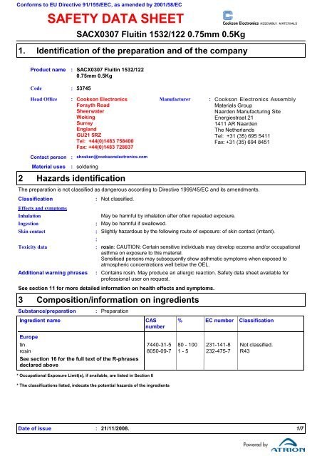 SACX0307 Fluitin 1532/122 0.75mm 0.5Kg - The Solder Connection