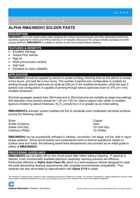 ALPHA RMA390DH3 SOLDER PASTE - The Solder Connection