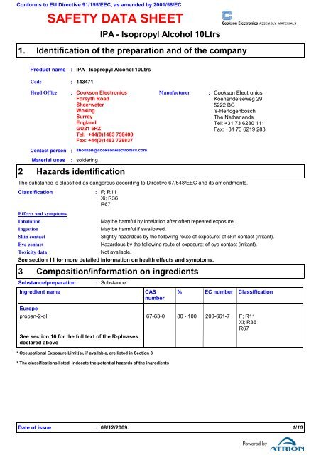 Safety Data Sheet: Identification Of The, 58% OFF