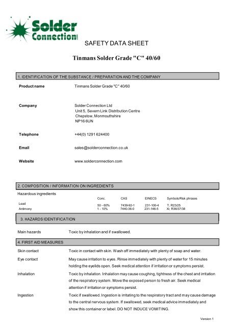 SAFETY DATA SHEET Tinmans Solder Grade "C" 40/60