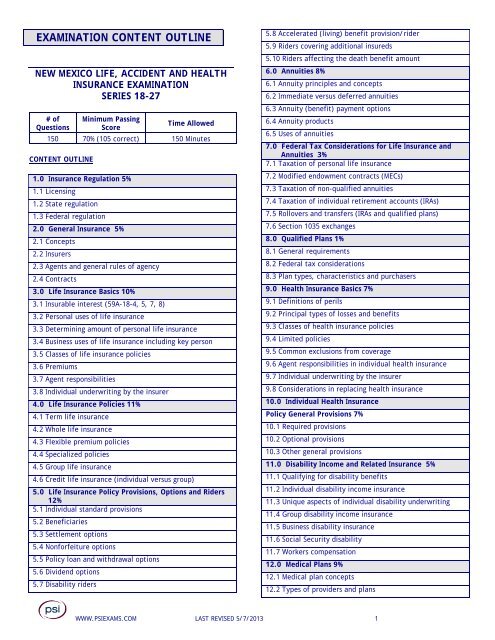 EXAMINATION CONTENT OUTLINE - PSI