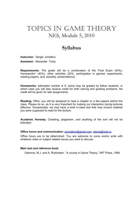 TOPICS IN GAME THEORY