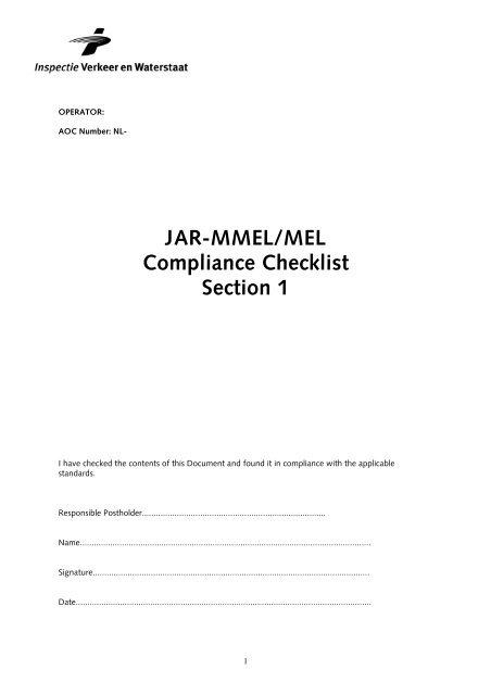 JAR-MMEL/MEL Compliance Checklist Section 1