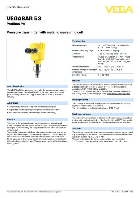 Specification sheet - VEGABAR 53 - Pressure transmitter ... - Insatech