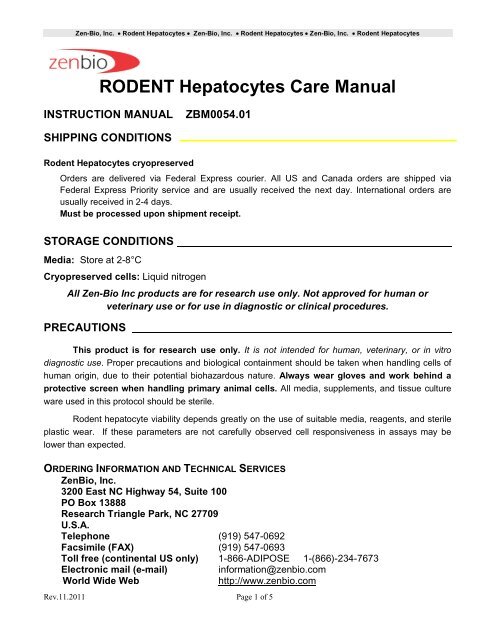 RODENT Hepatocytes Care Manual - Zen-Bio Inc.