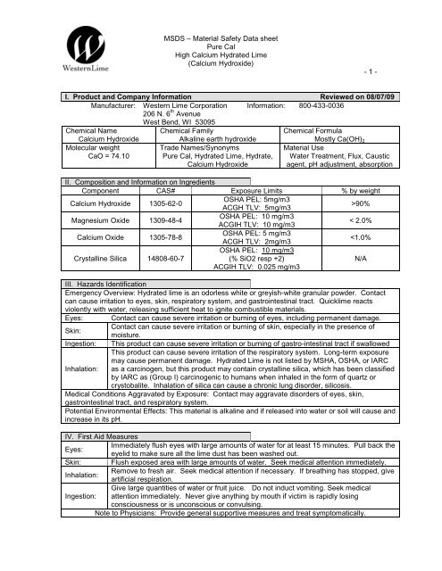 MSDS â Material Safety Data sheet Pure Cal High Calcium ...