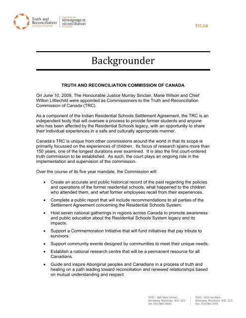 TRC Backgrounder - Truth and Reconciliation Commission of Canada