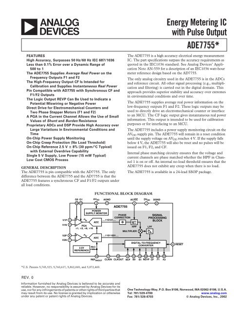 ADE7755* Energy Metering IC with Pulse Output