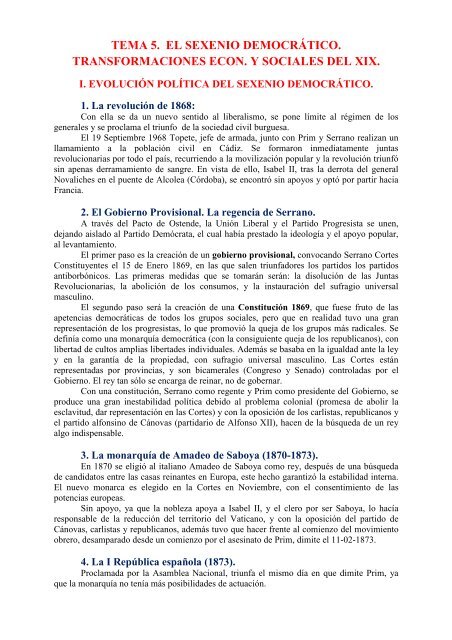 tema 5. el sexenio democrático. transformaciones siglo xix.