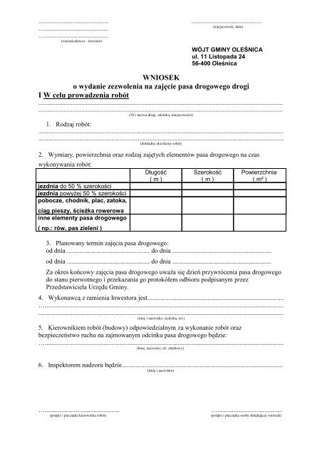 Wniosek - o wydanie zezwolenia na zajÄ cie pasa drogowego