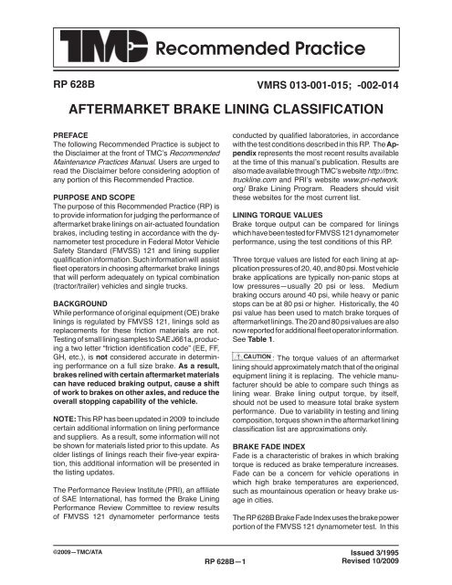 RP 628B, Aftermarket Brake Lining Classification