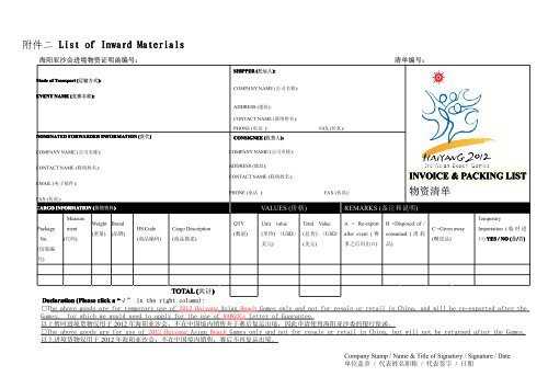 附件二List of Inward Materials 物资清单