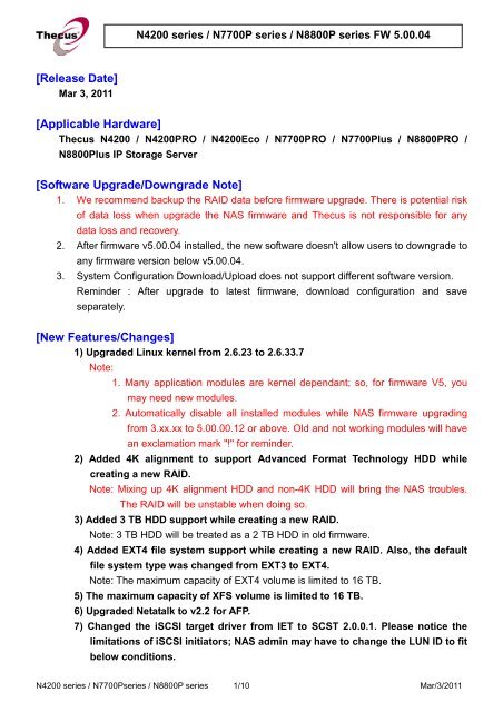 Software Upgrade/Downgrade Note - Thecus