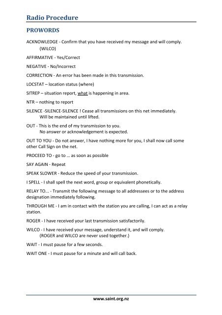 Radio Procedure (Prowords) - SAINT