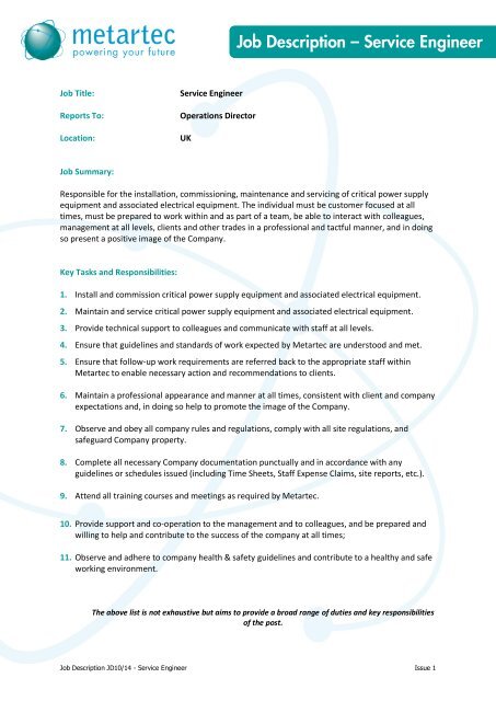 Job Description â Service Engineer - Metartec