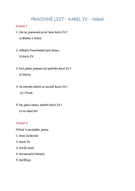 PRACOVNÍ LIST – KAREL IV. - řešení