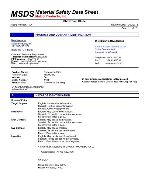 Material Safety Data Sheet - Pacer Car Clean Products